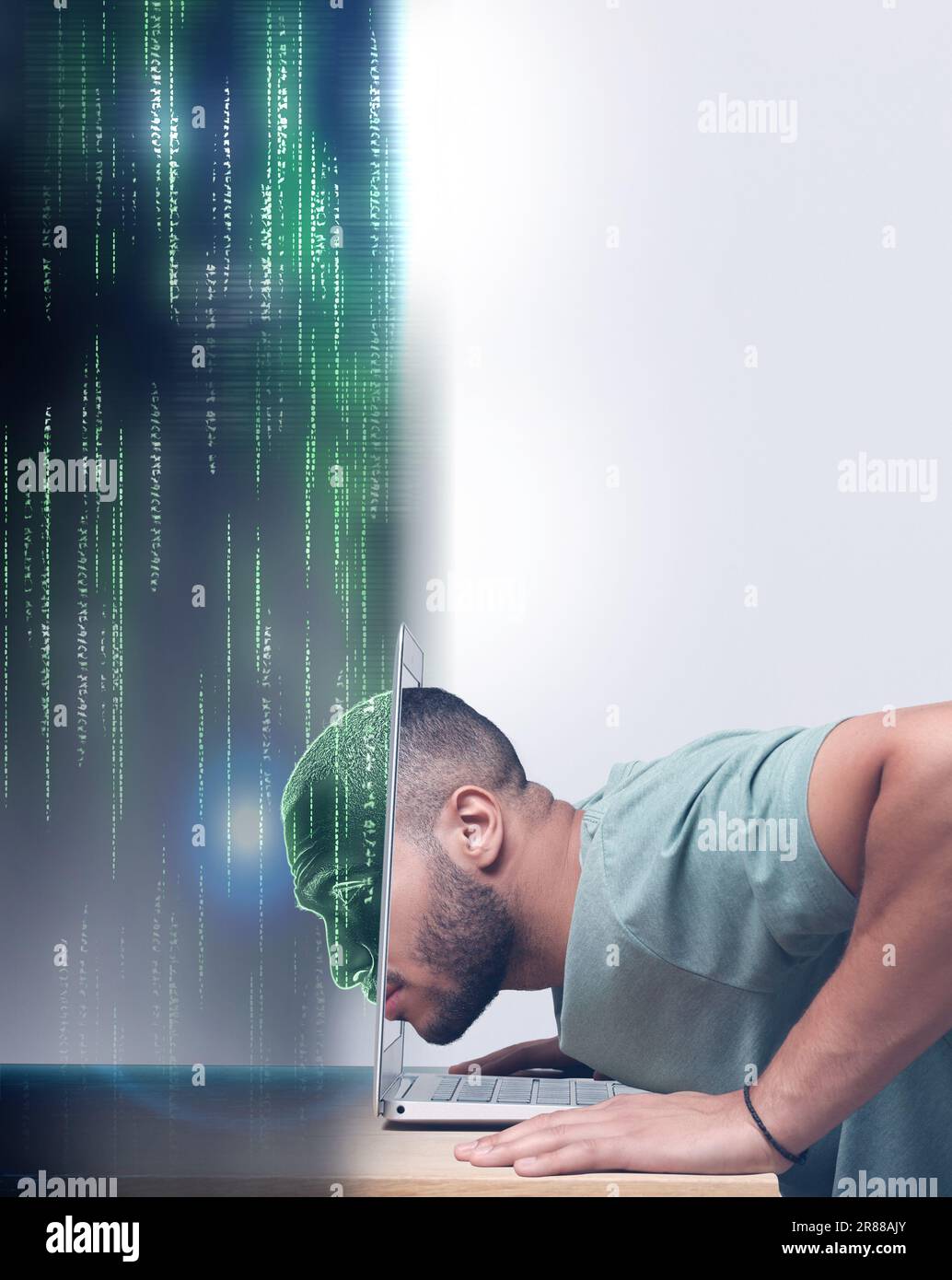 Internet addiction. Young man immersing into digital world by getting ...