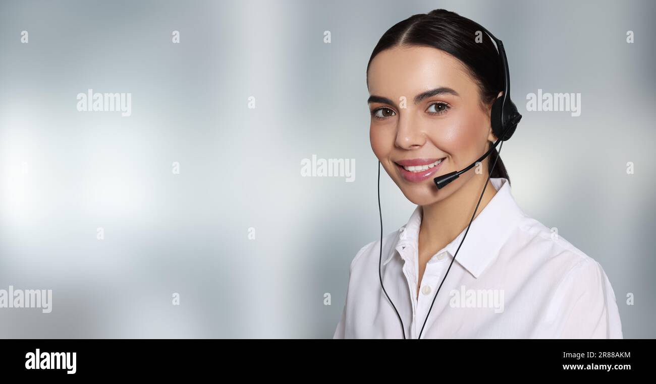 Call center banner operator with headset talking hi-res stock ...