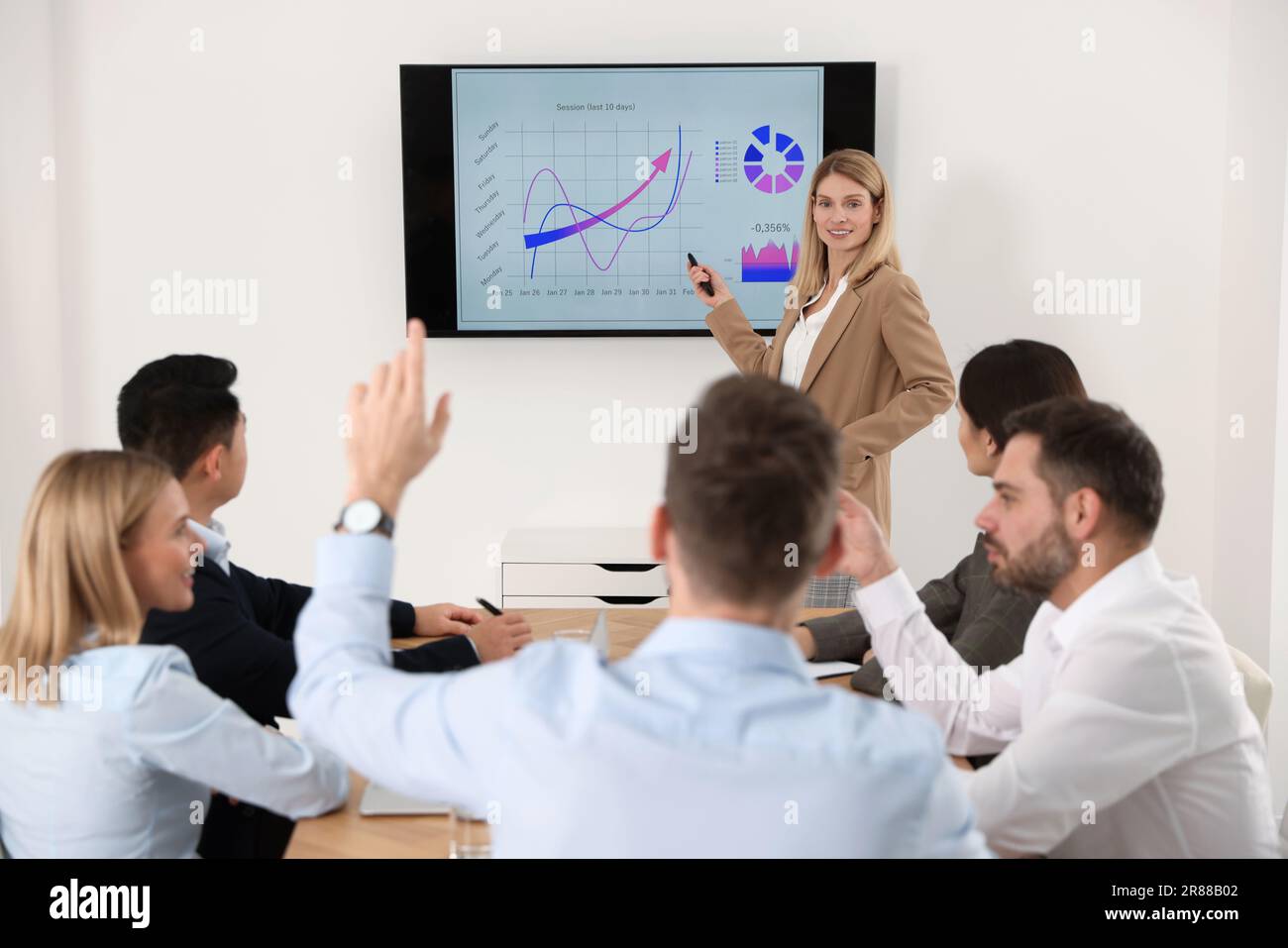 Businesswoman showing charts on tv screen in office Stock Photo - Alamy