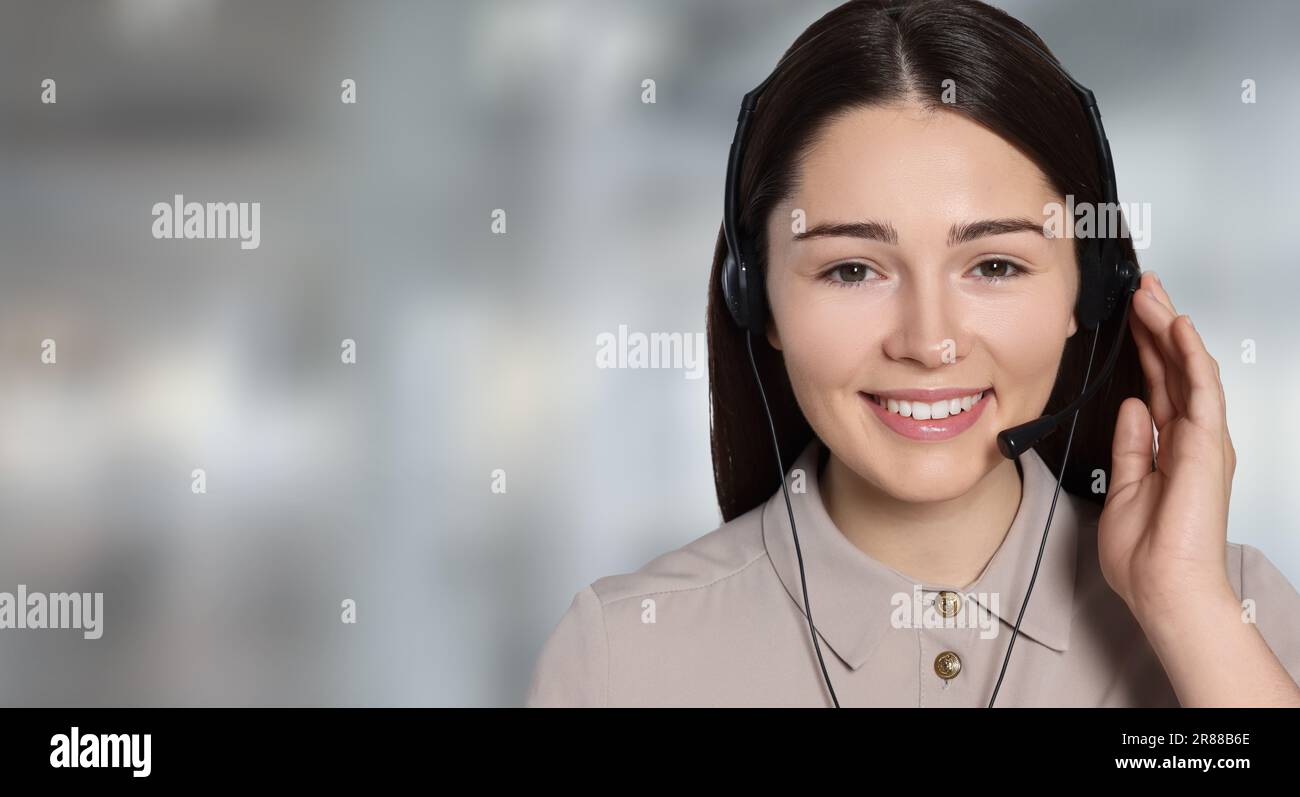 Hotline operator with headset in office, space for text. Banner design ...