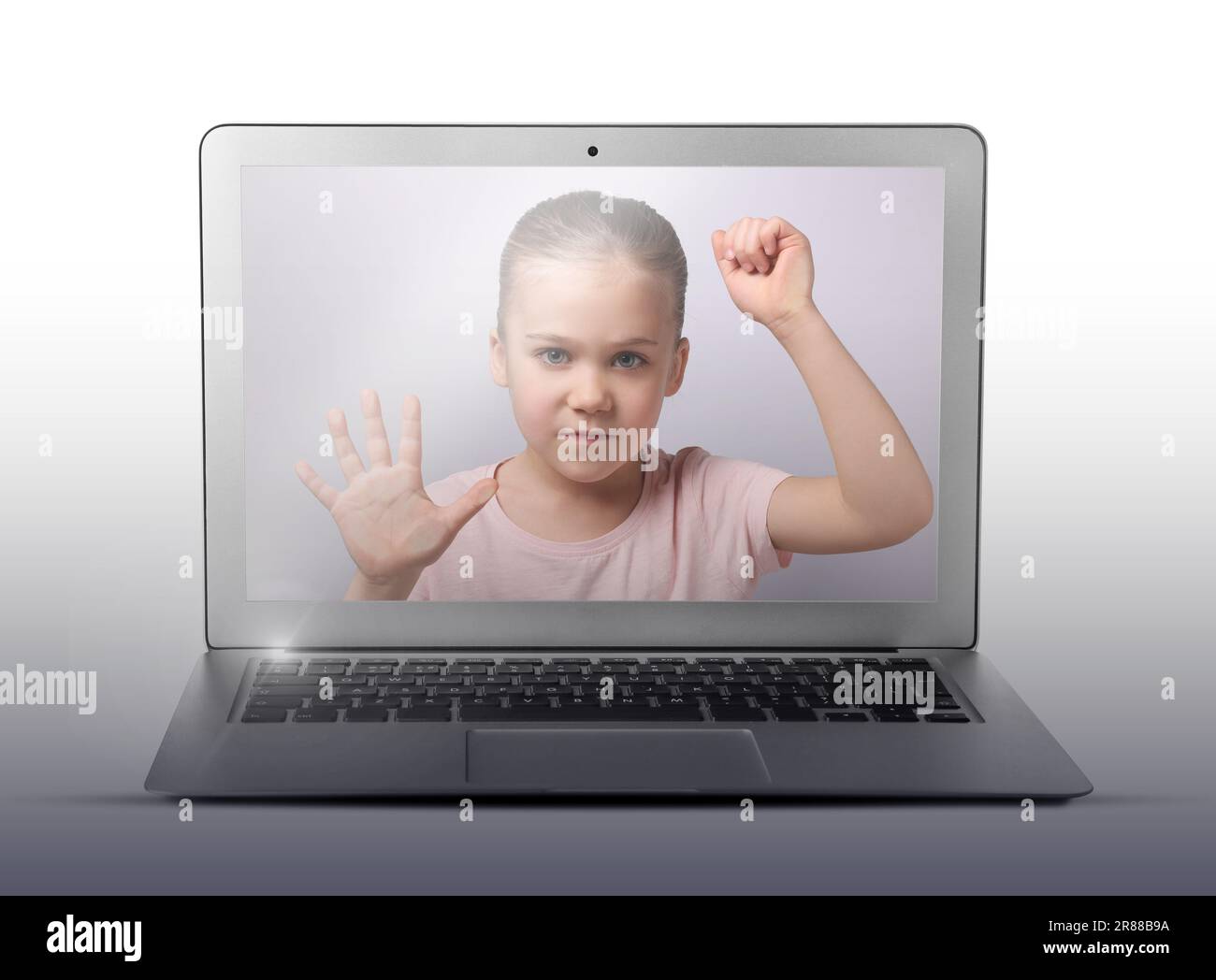 Internet addiction. Little girl trapped in computer. Child knocking on ...