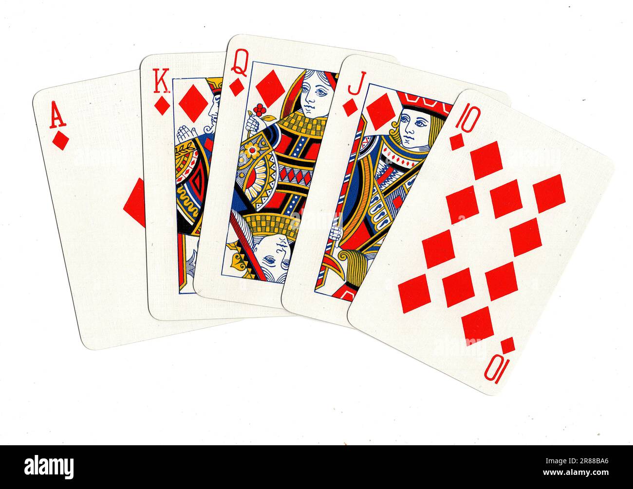 Vintage playing cards featuring a royal flush of diamonds on a white ...