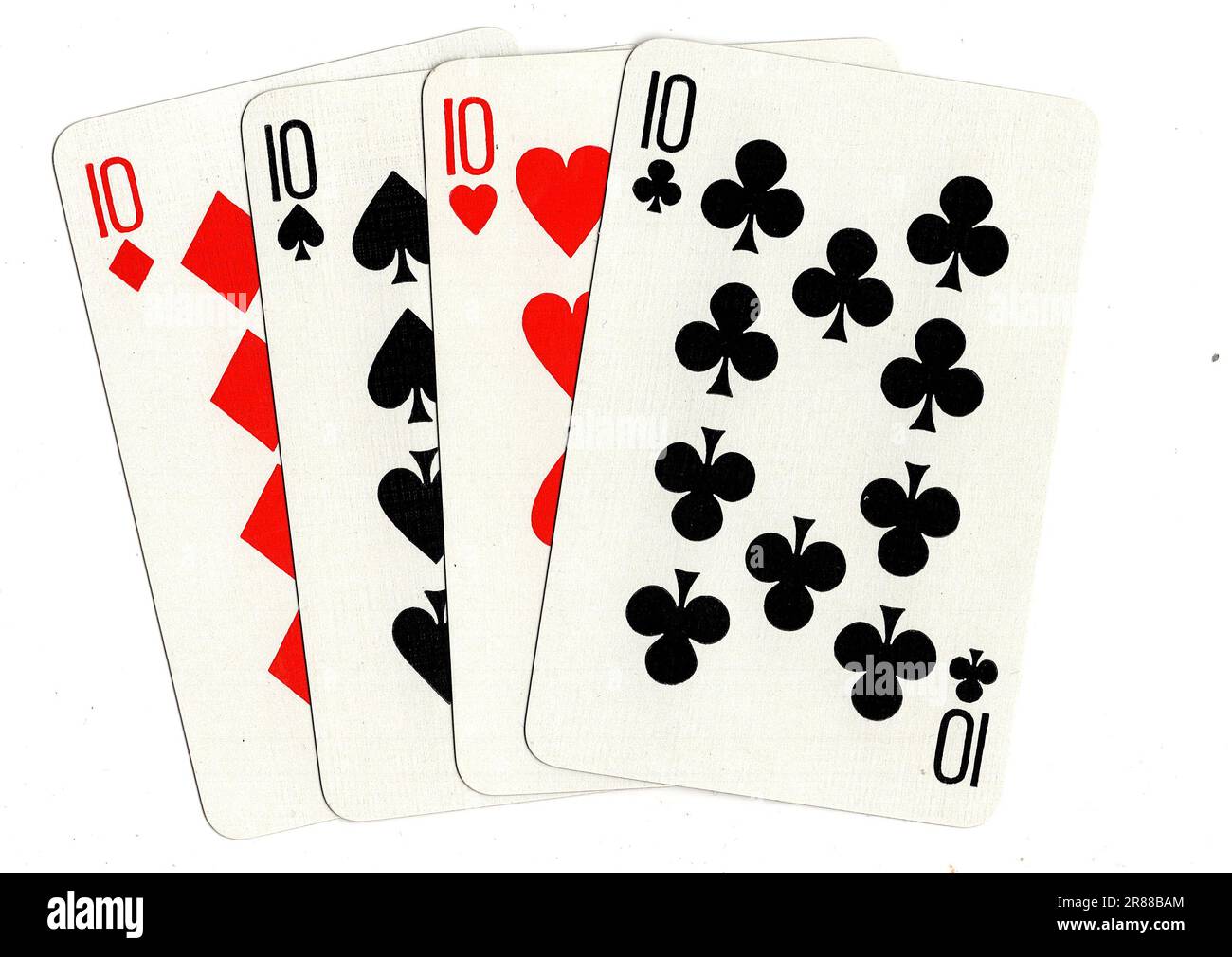 A fan of vintage playing cards featuring tens on a white background ...