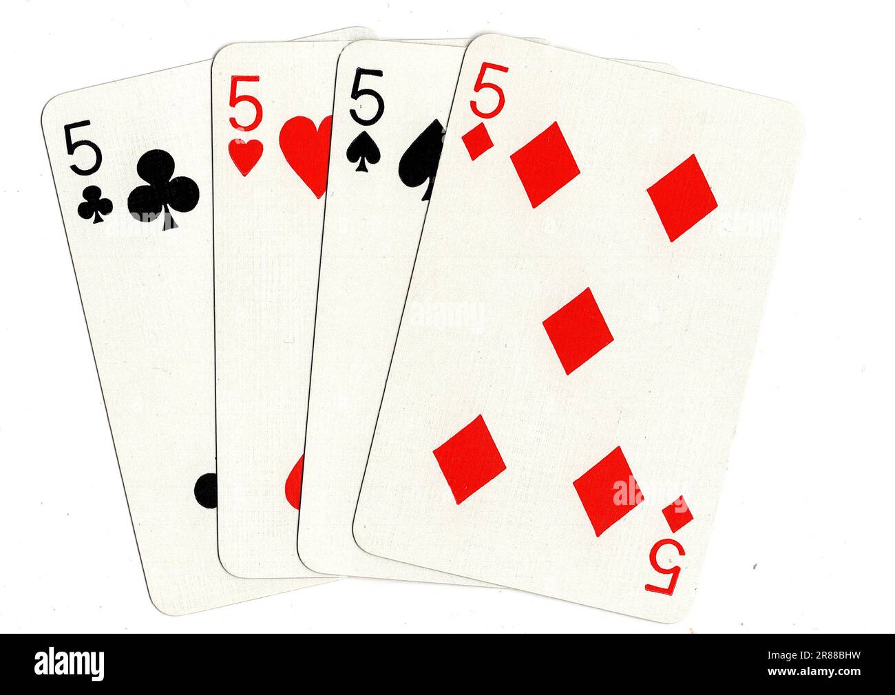 A fan of vintage playing cards featuring fives on a white background ...