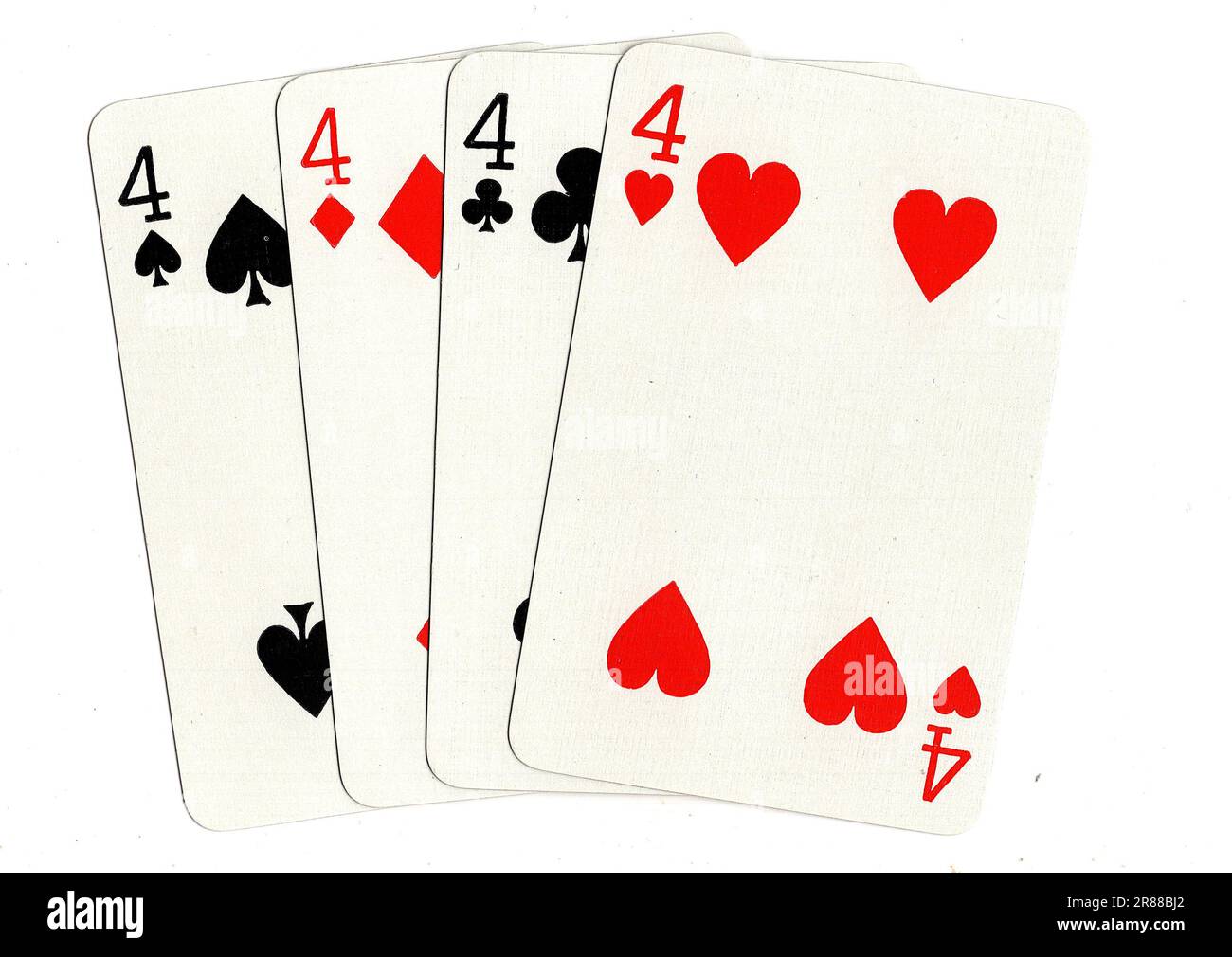 A fan of vintage playing cards featuring fours on a white background ...