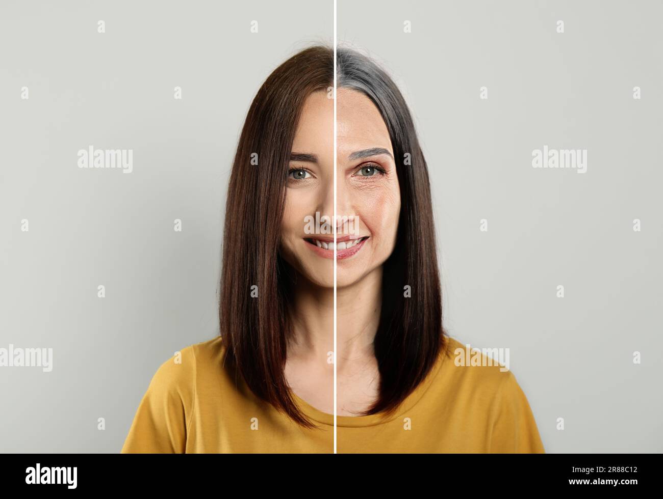 Changes in appearance during aging. Portrait of woman divided in half ... Changes in appearance during aging. Portrait of woman divided in half ...