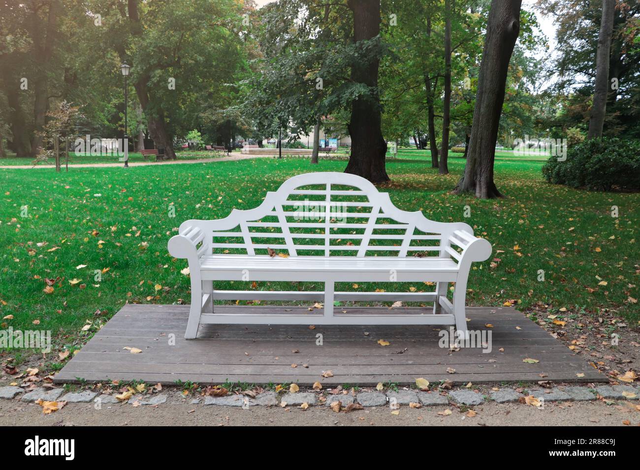 Beautiful white bench in public city park Stock Photo - Alamy
