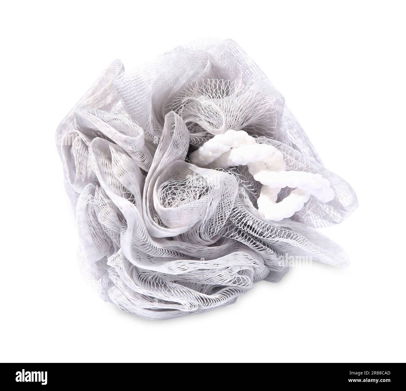 New grey shower puff isolated on white. Personal hygiene Stock Photo ...