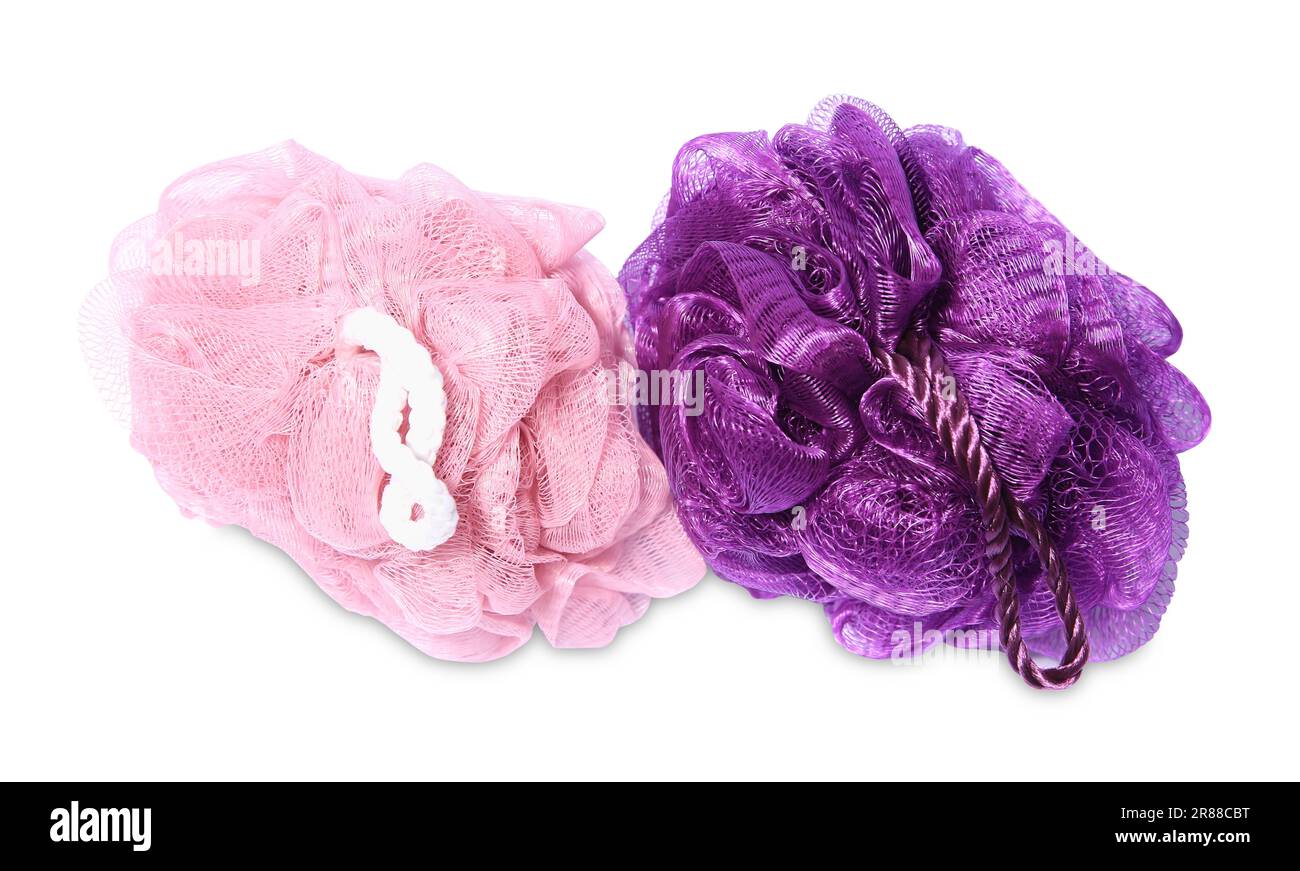 New shower puffs on white background, top view. Personal hygiene Stock ...
