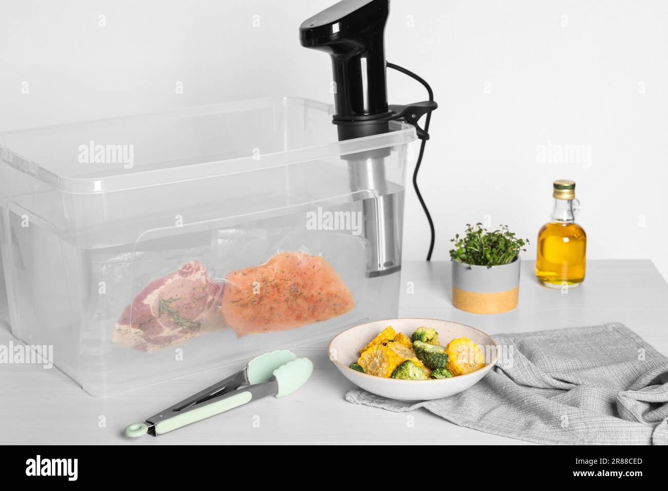 Thermal immersion circulator and vacuum packed meat in box on white ...