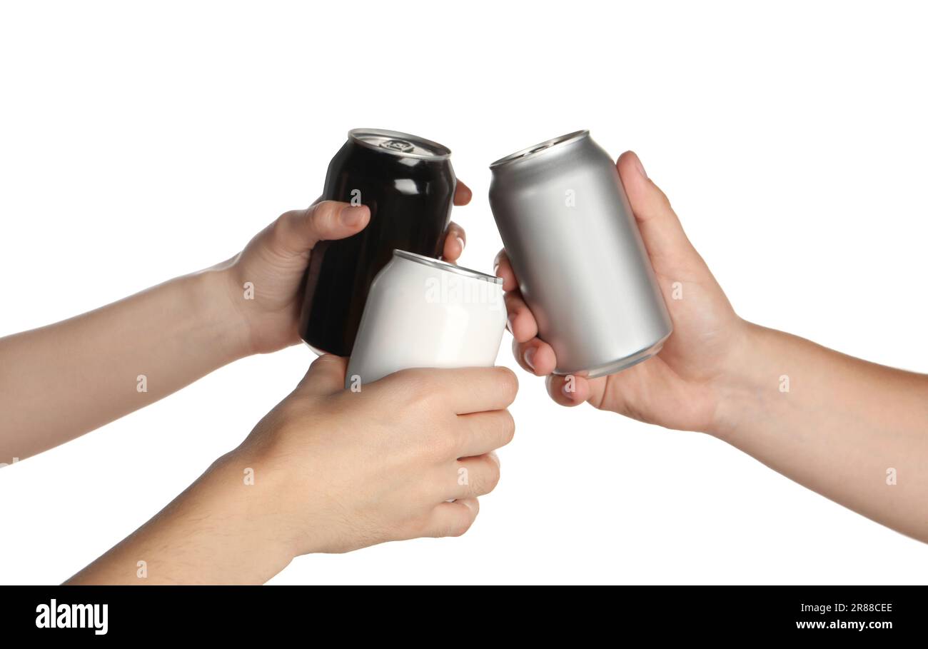 Friends clinking different cans on white background, closeup Stock ...