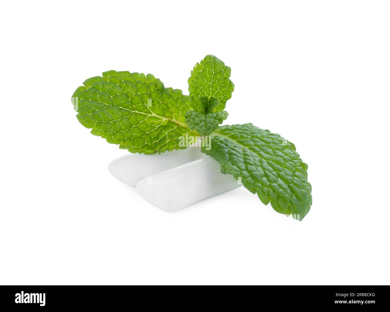 Two chewing gum pieces and mint on white background Stock Photo - Alamy