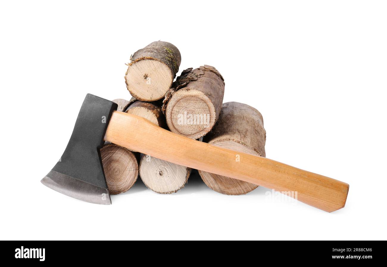 Metal ax and wood logs on white background Stock Photo - Alamy