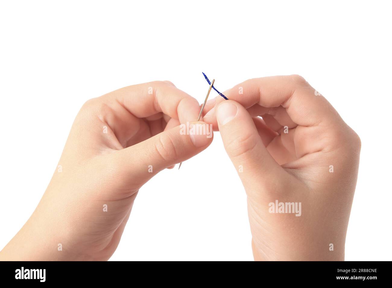 Closeup view of woman threading needle on white background Stock Photo ...