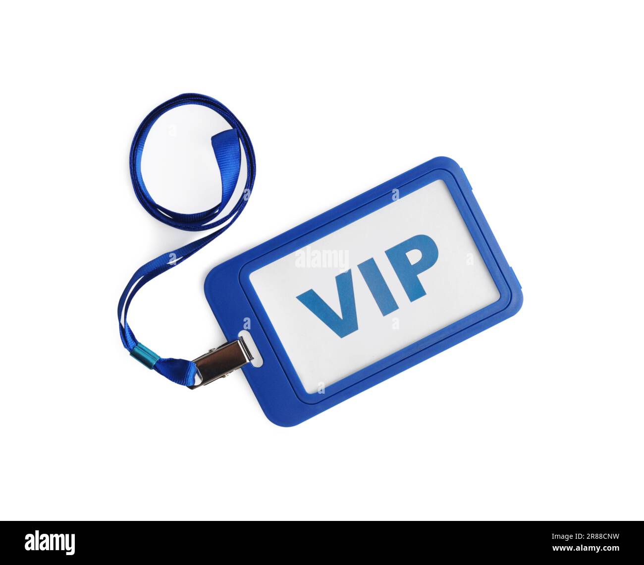 Blue vip badge isolated on white, top view Stock Photo - Alamy