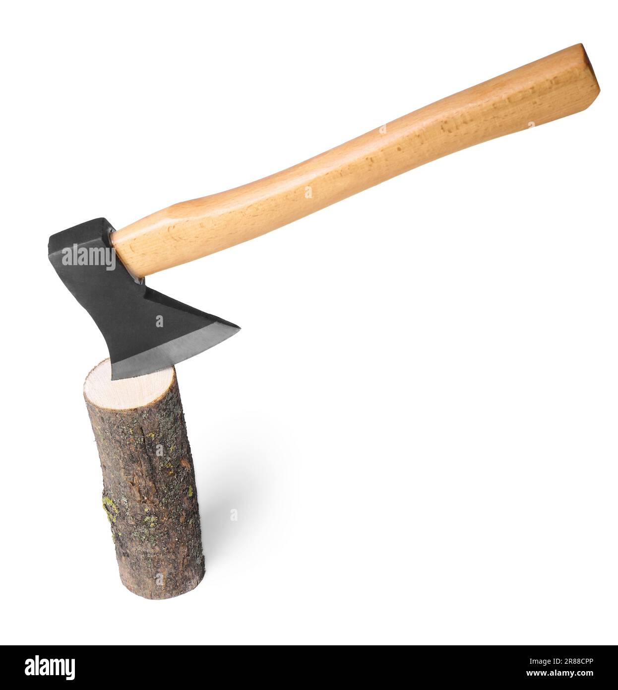 Metal ax in wooden log on white background Stock Photo - Alamy