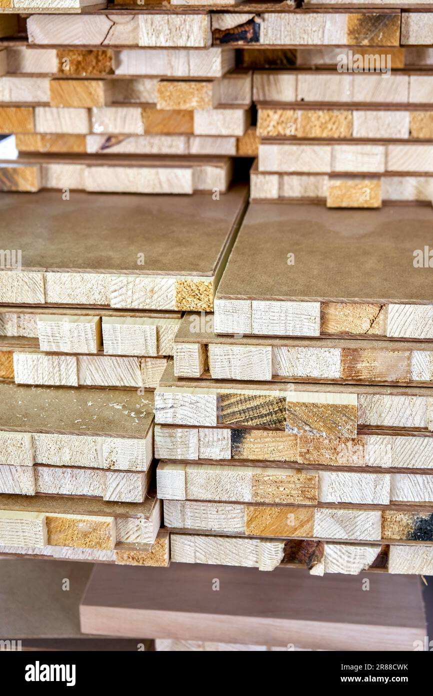 Stack of block boards made of wooden planks and MDF material in ...