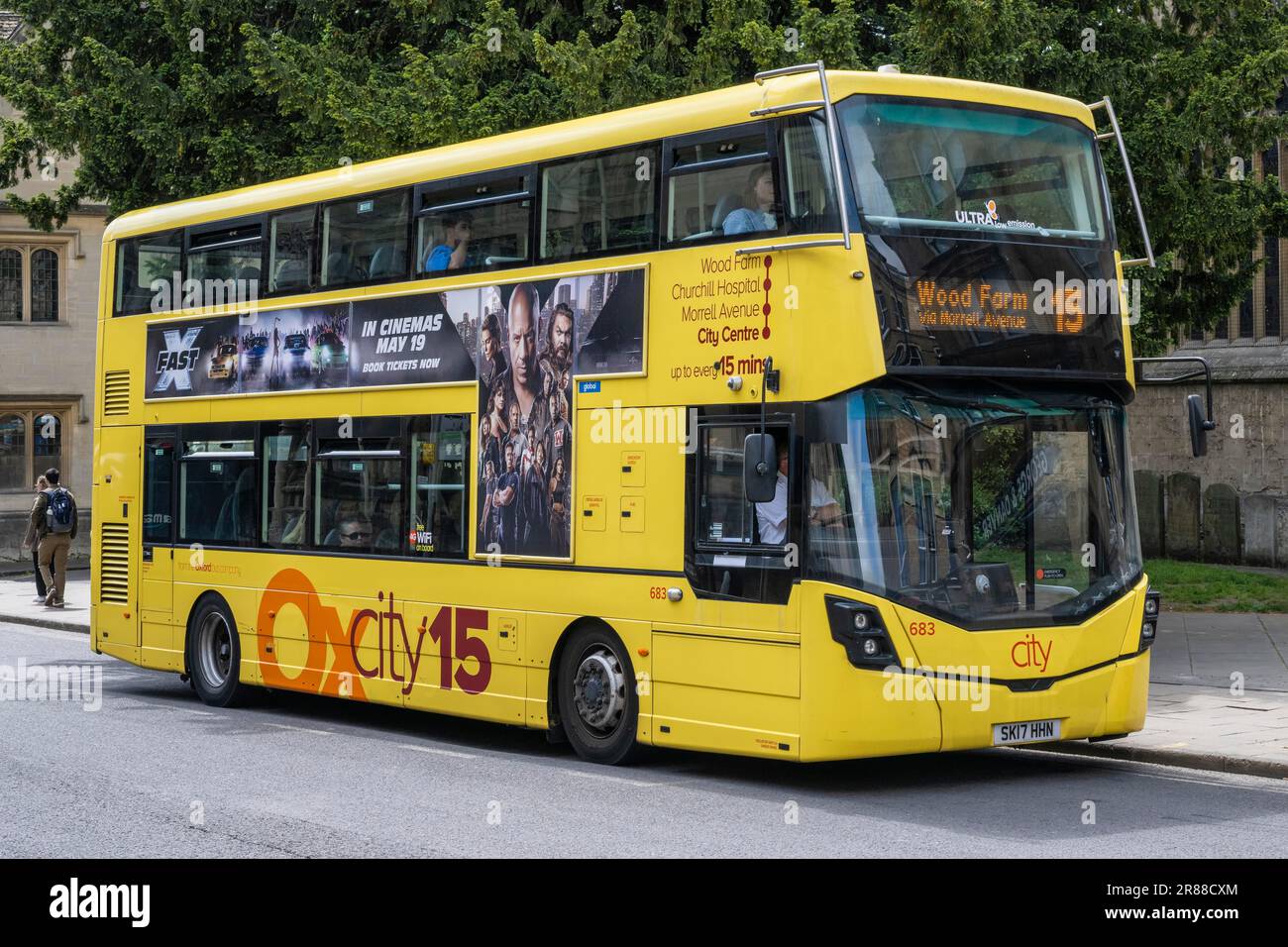Double decker bus, with cinema poster, Oxford, Oxfordshire England ...