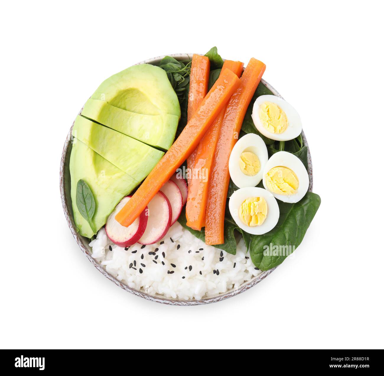 Delicious poke bowl with basil, eggs, avocado and vegetables isolated ...