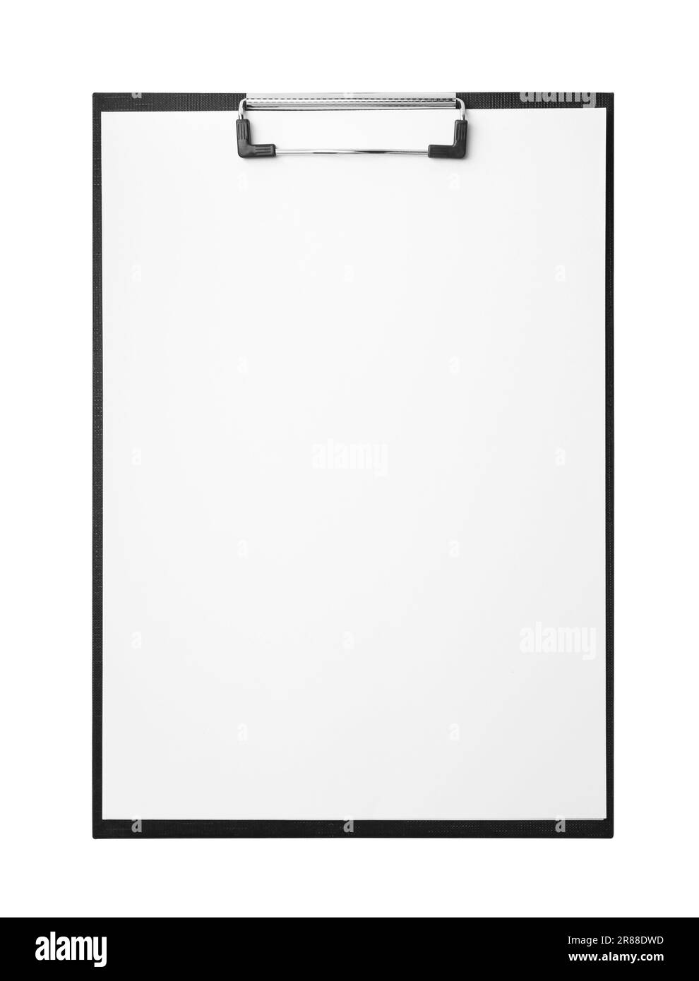 Clipboard with sheet of paper isolated on white, top view. Space for ...