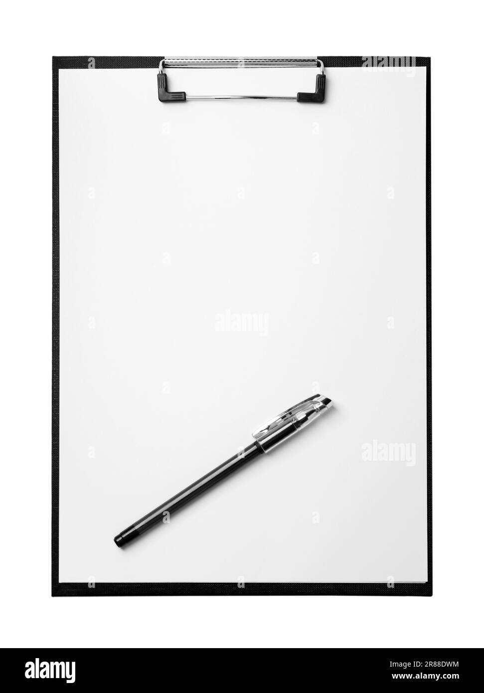 Clipboard with sheet of paper and pen isolated on white, top view ...