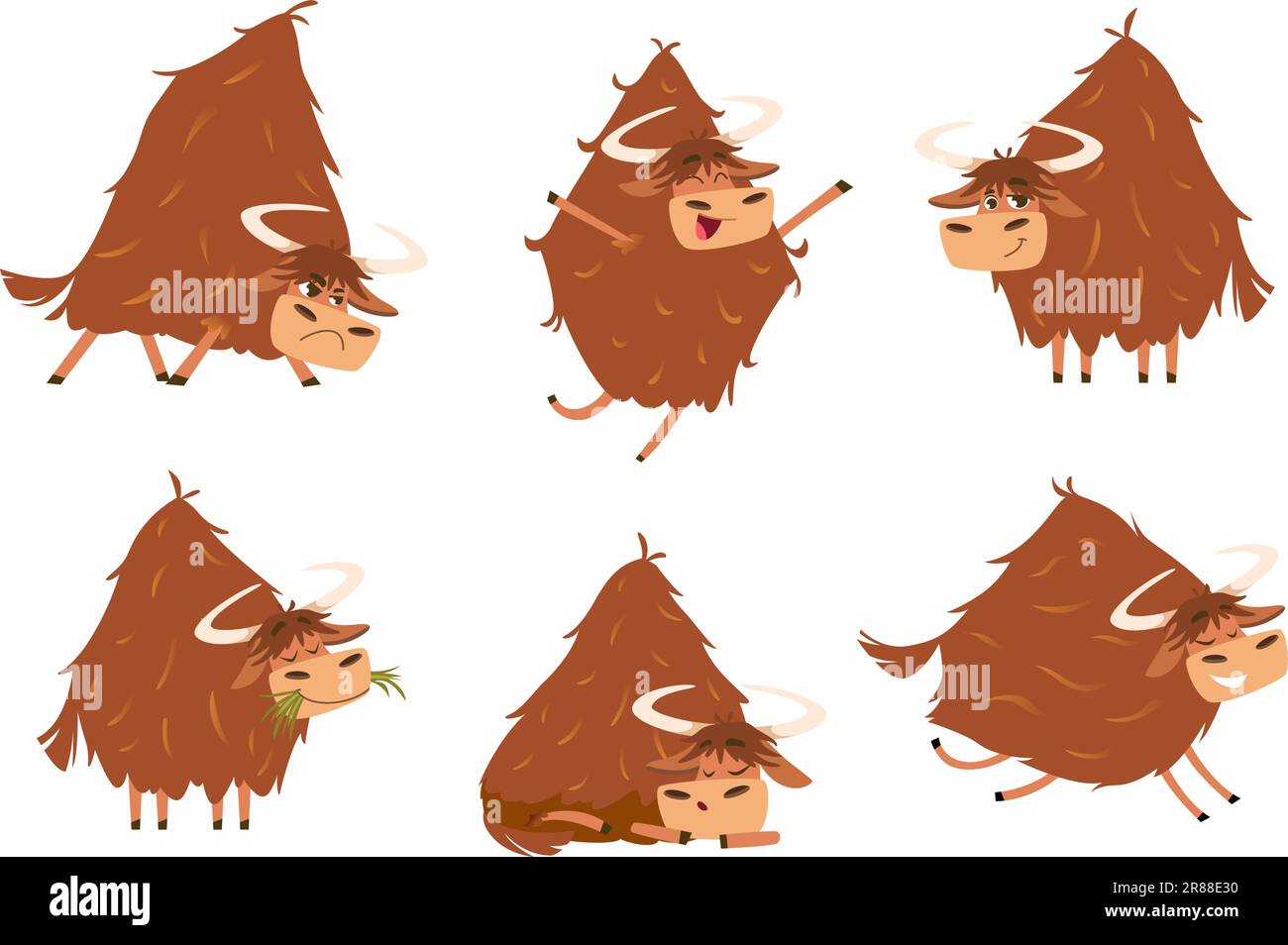 Yak. Cartoon funny character wild animal with fur in action poses exact vector yak bull Stock ...