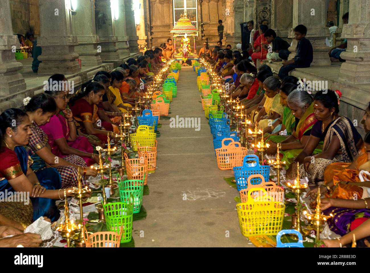 Women Worshipping With Oil Lamp Vilakku Poojai At Matthur Near