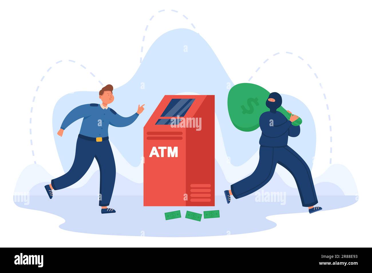 ATM machine attack by bandit, security guard running after thief Stock ...