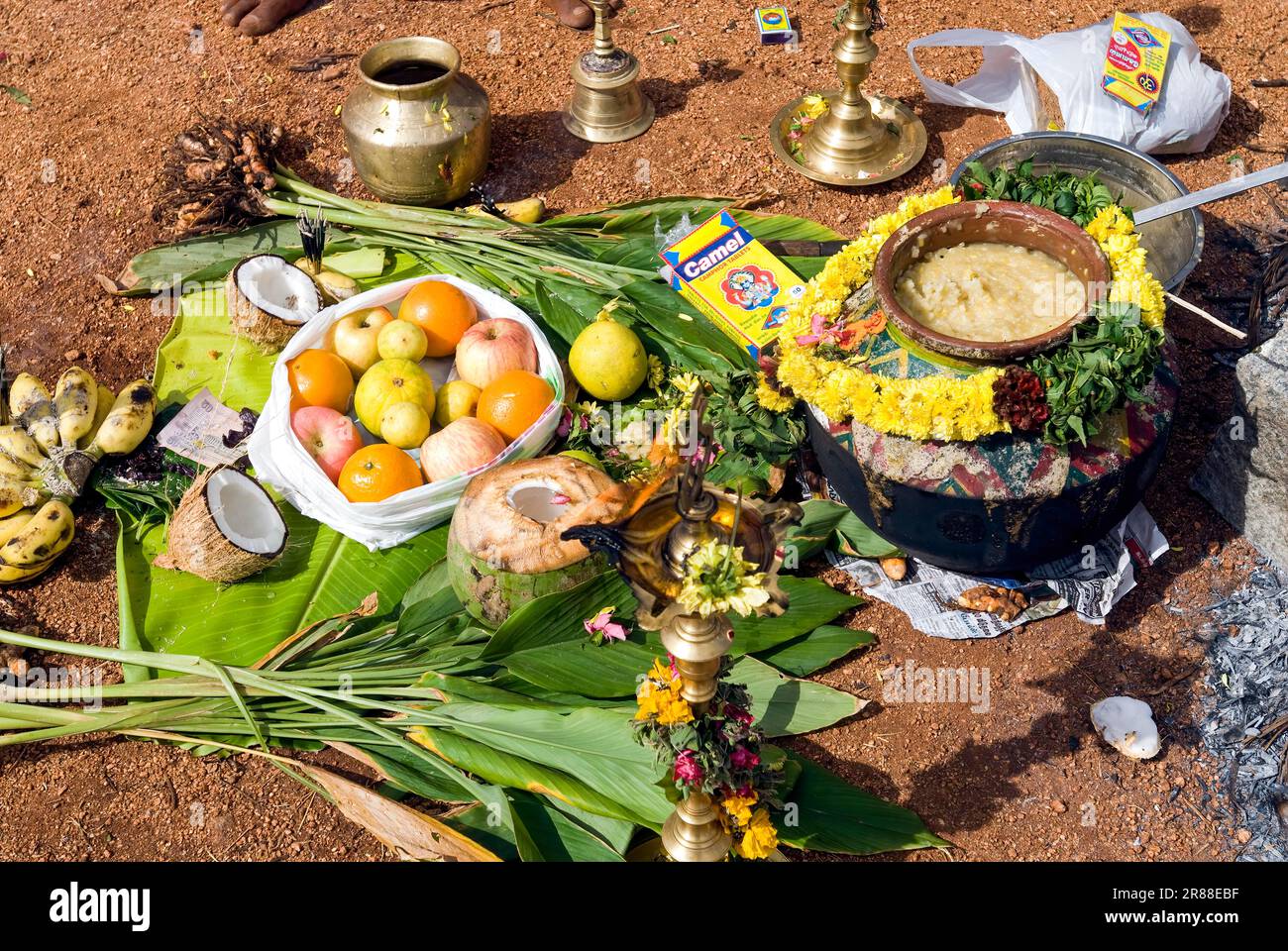 Decorated pot with Pongal and fruits kept for prayer at Pollachi, Tamil ...