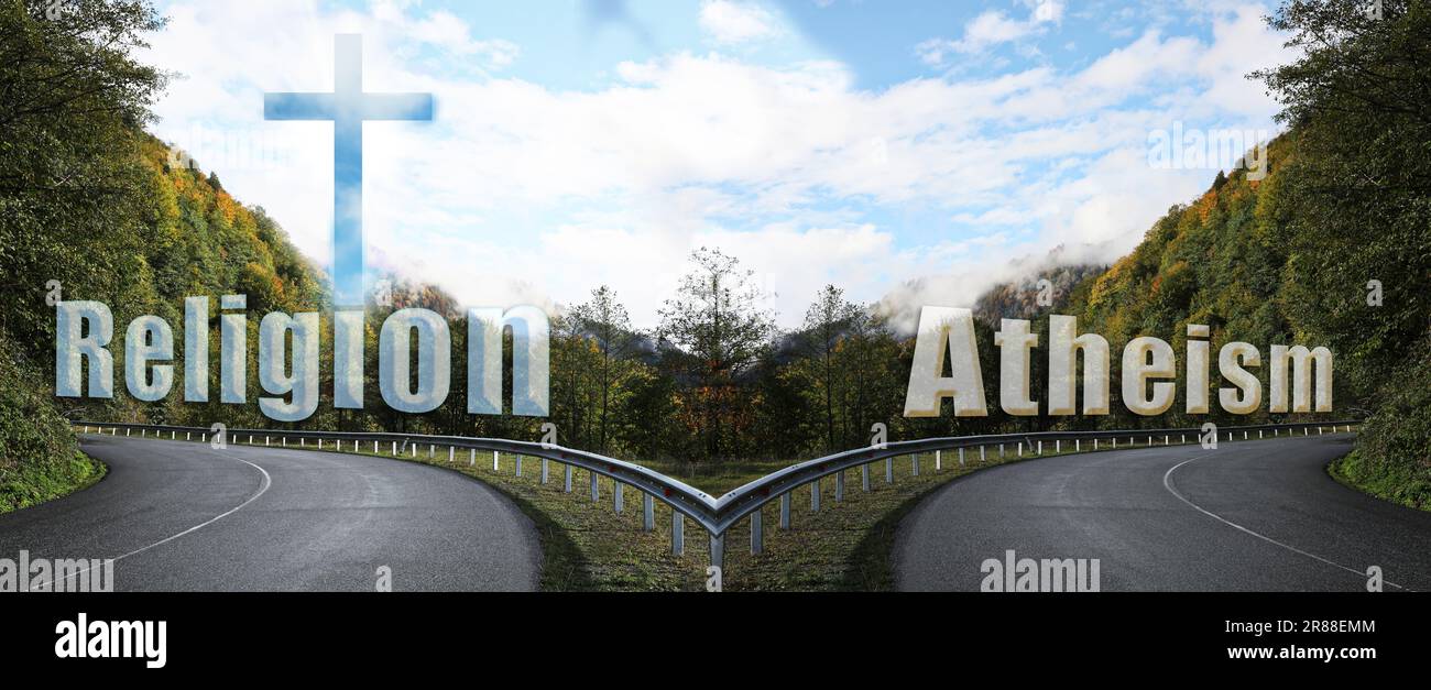 Choice between atheism and religion. Two roads with words leading in ...