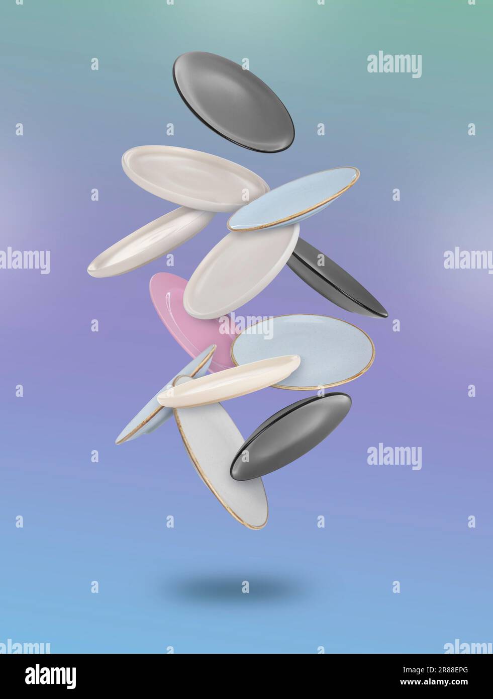 Many different plates falling on pastel light blue violet gradient ...