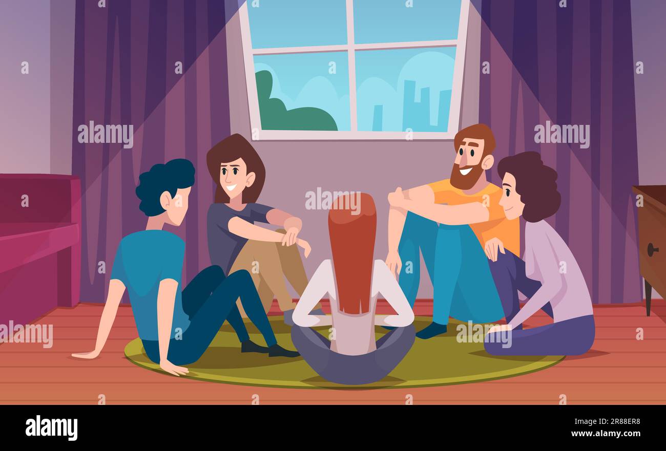 People sitting. Male and female characters sitting knees in room ...