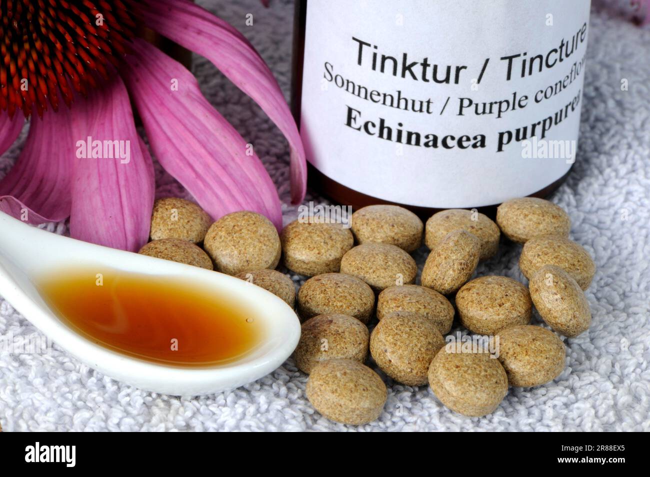 Purple Cone flower tincture (Echinacea purpurea) and coneflower tablets ...
