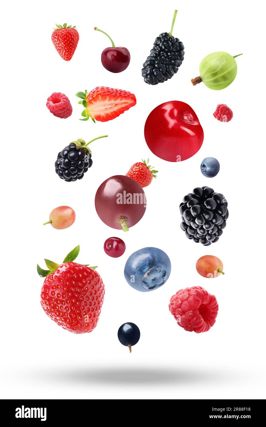 Many different fresh berries falling on white background Stock Photo ...