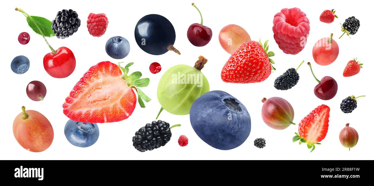 Many different fresh berries falling on white background Stock Photo ...
