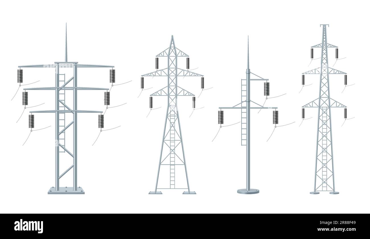 Electricity poles. Power high voltage constructions from metal decent ...