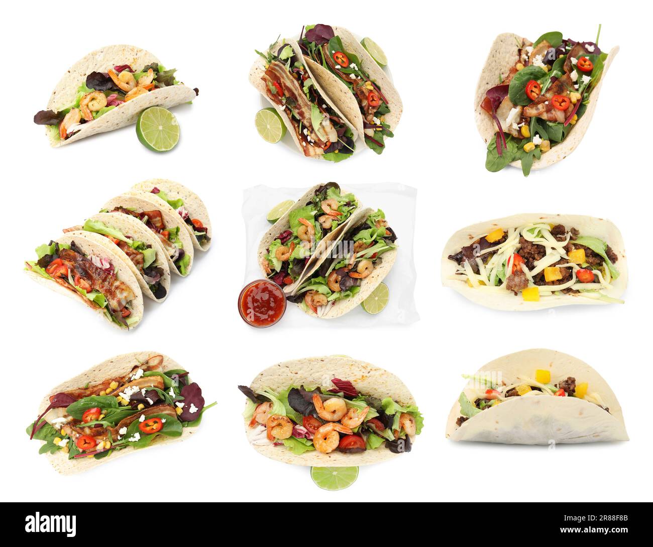 Delicious tacos isolated on white, collage design Stock Photo - Alamy