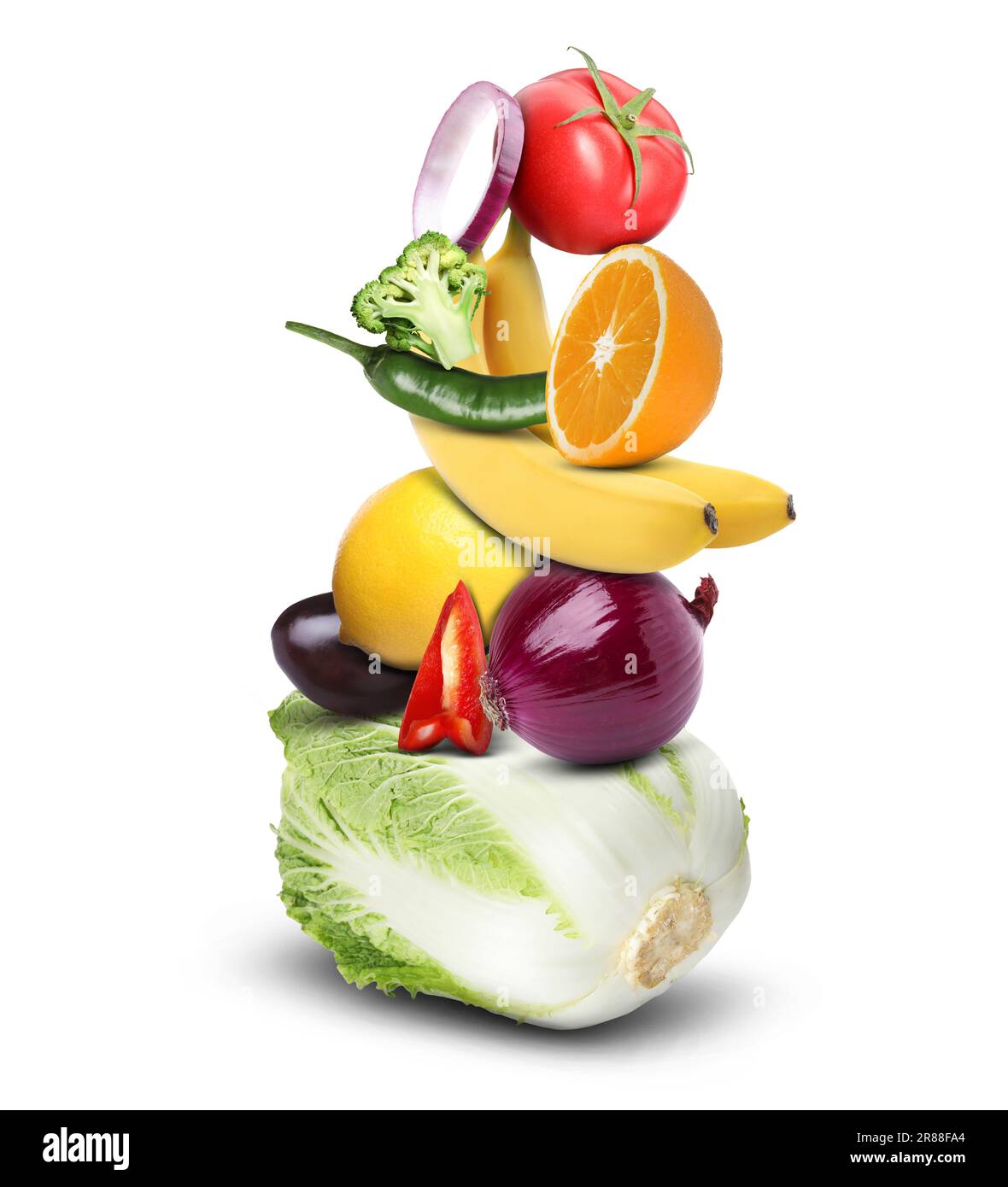 Stack of different vegetables and fruits isolated on white Stock Photo ...