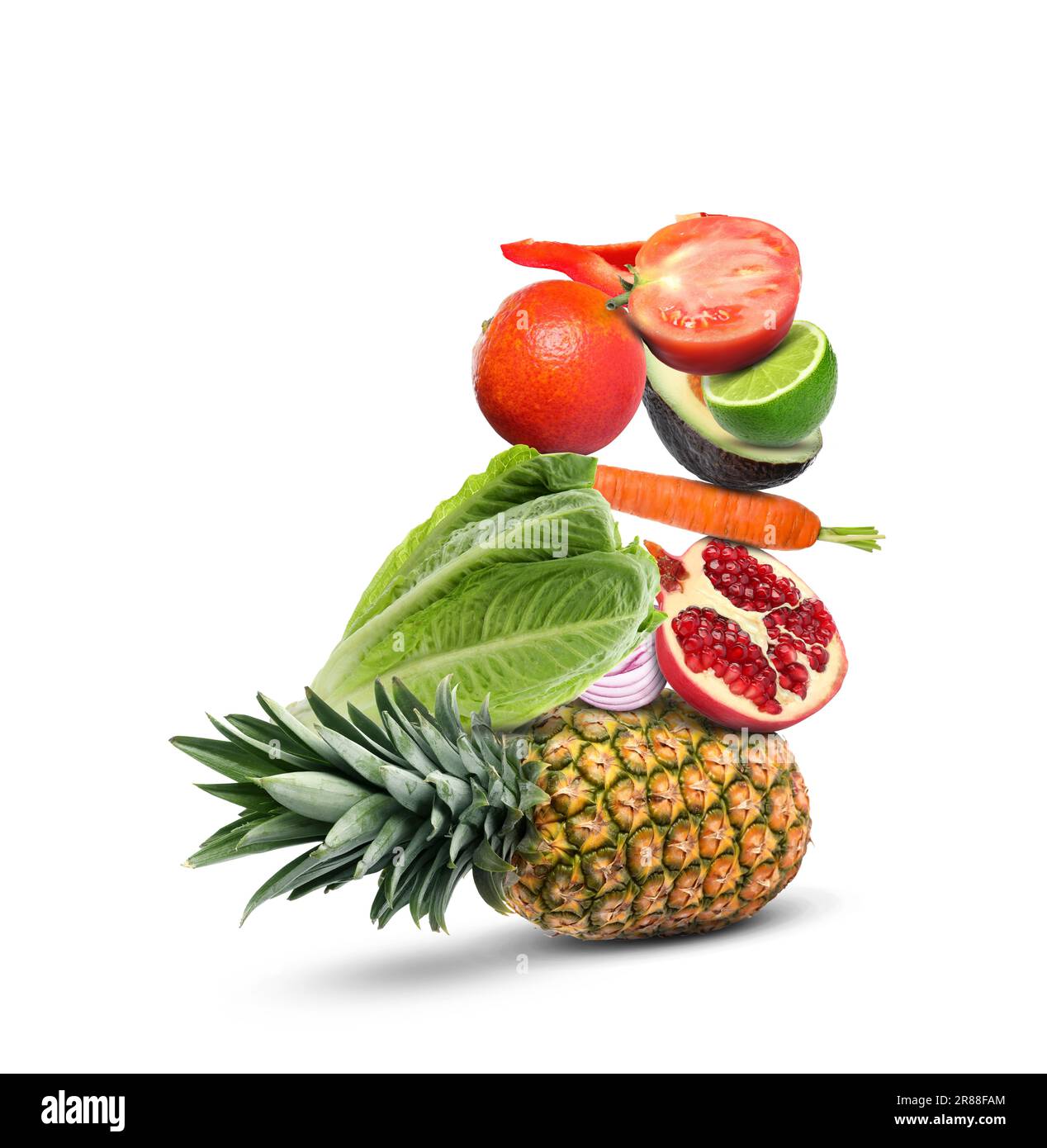 Stack of different vegetables and fruits isolated on white Stock Photo ...