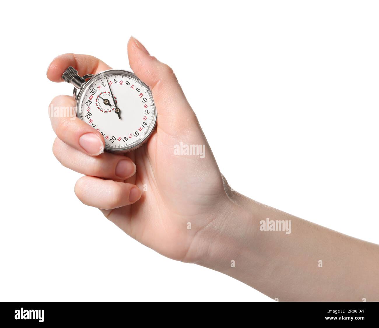 Woman holding vintage timer on white background, closeup Stock Photo ...