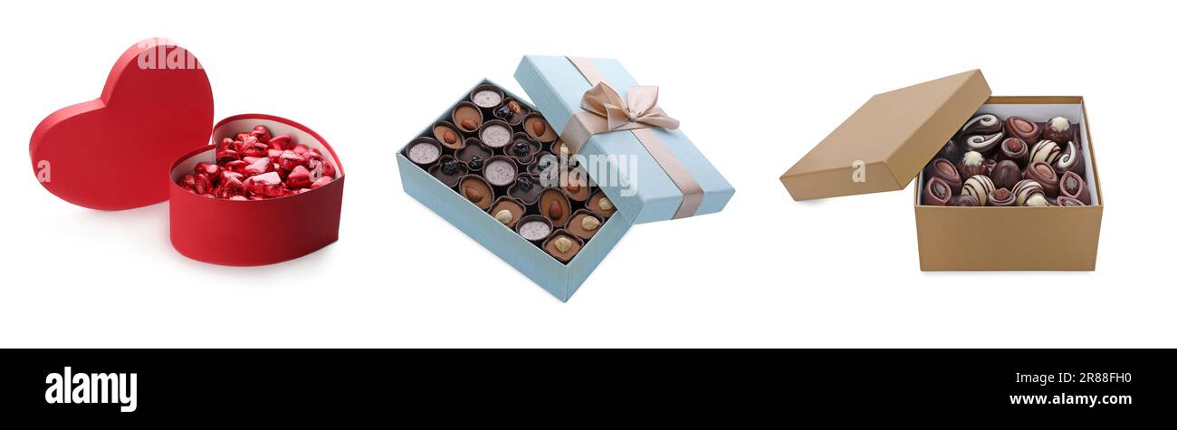Set of boxes with tasty different chocolate candies on white background ...