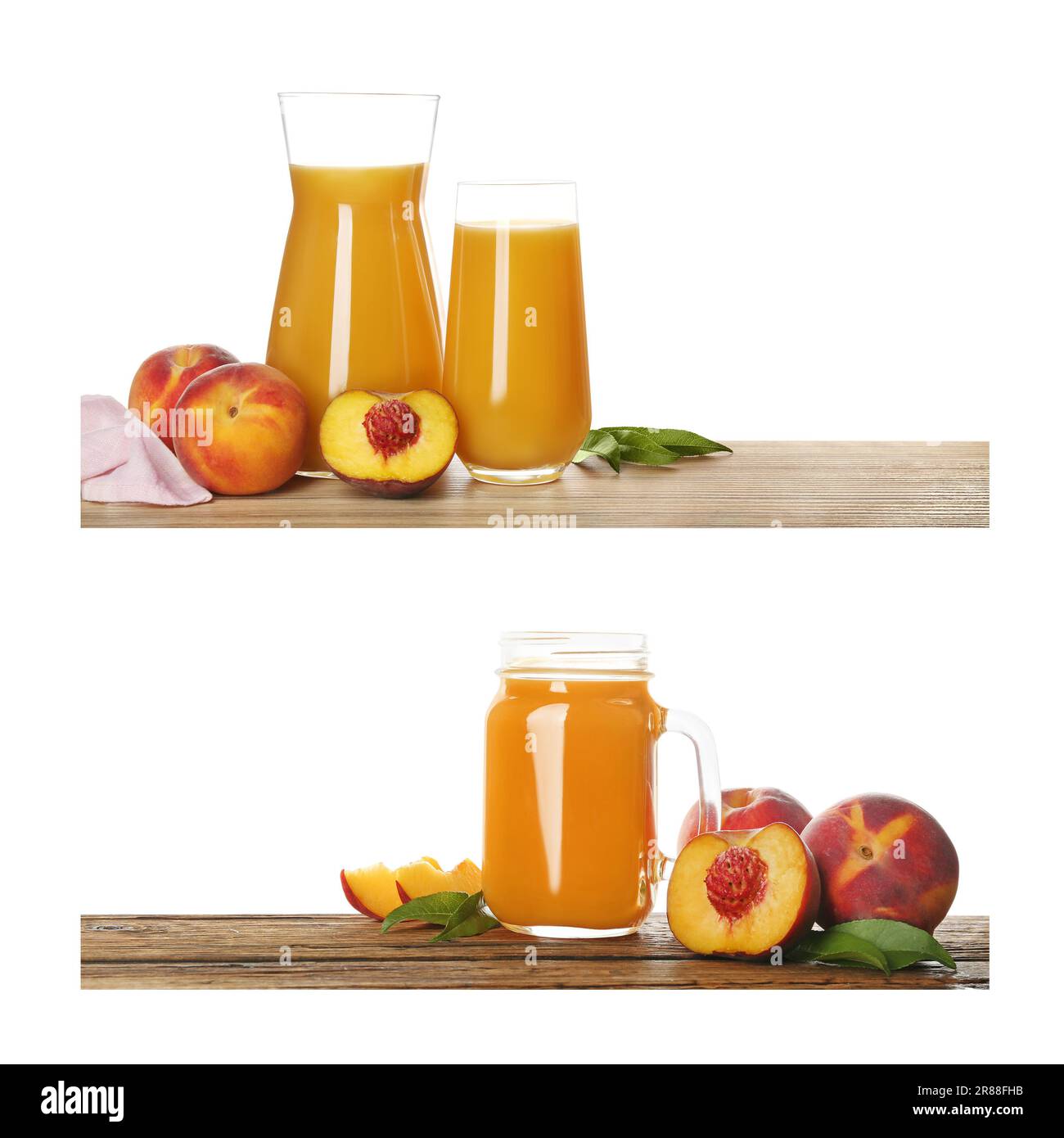 Collage of peach juice and fresh fruits on different wooden surfaces ...