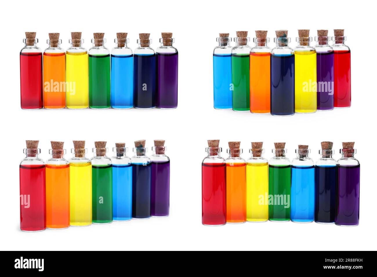 Collage of glass bottles with different food coloring isolated on white ...