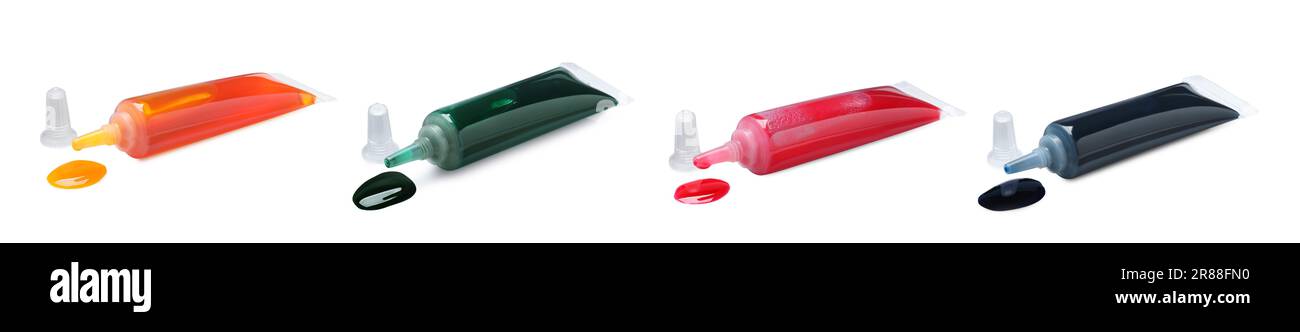 Collage of tubes with different food coloring isolated on white Stock ...