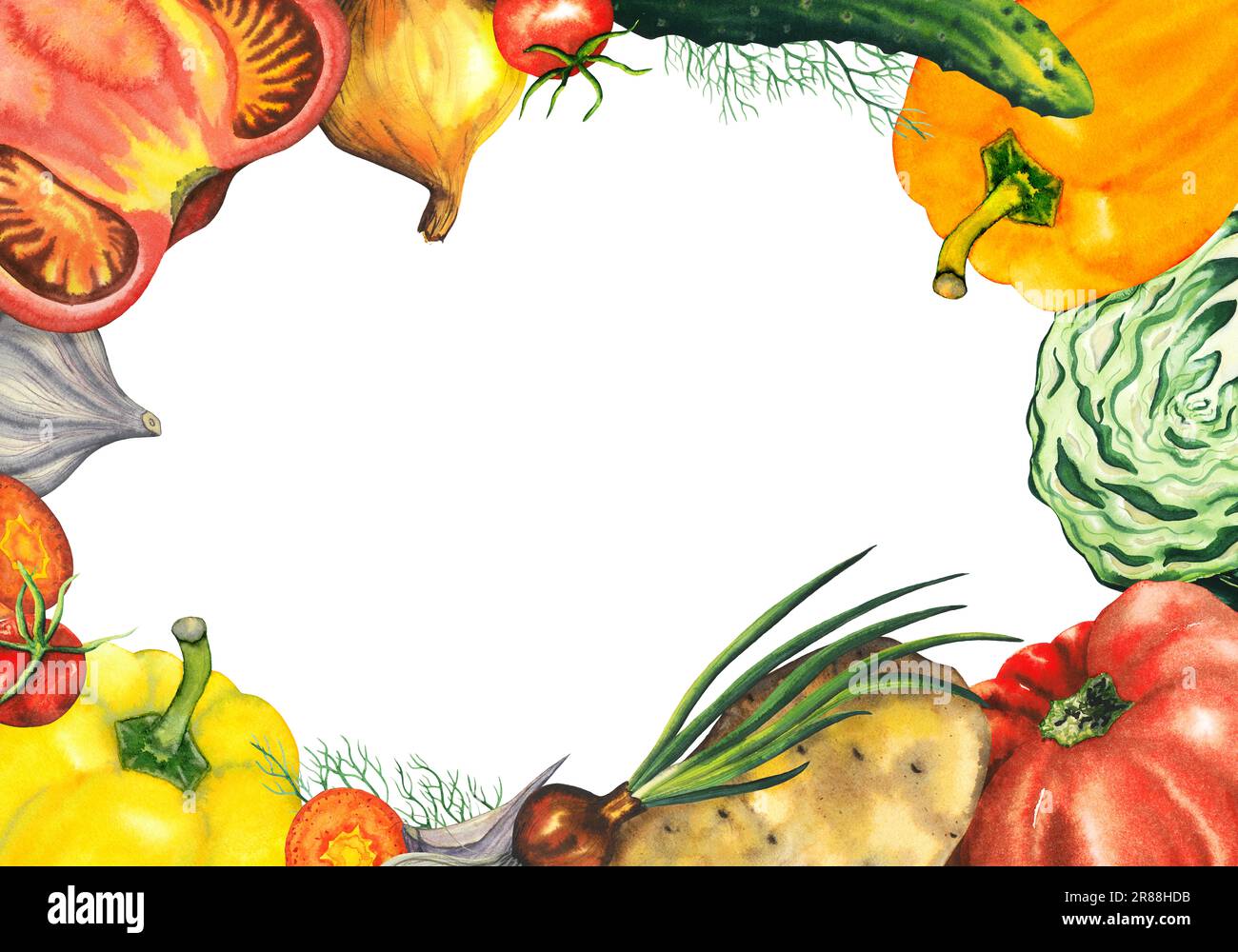 Watercolor vegetables horizontal frame with hand drawn bell paper ...