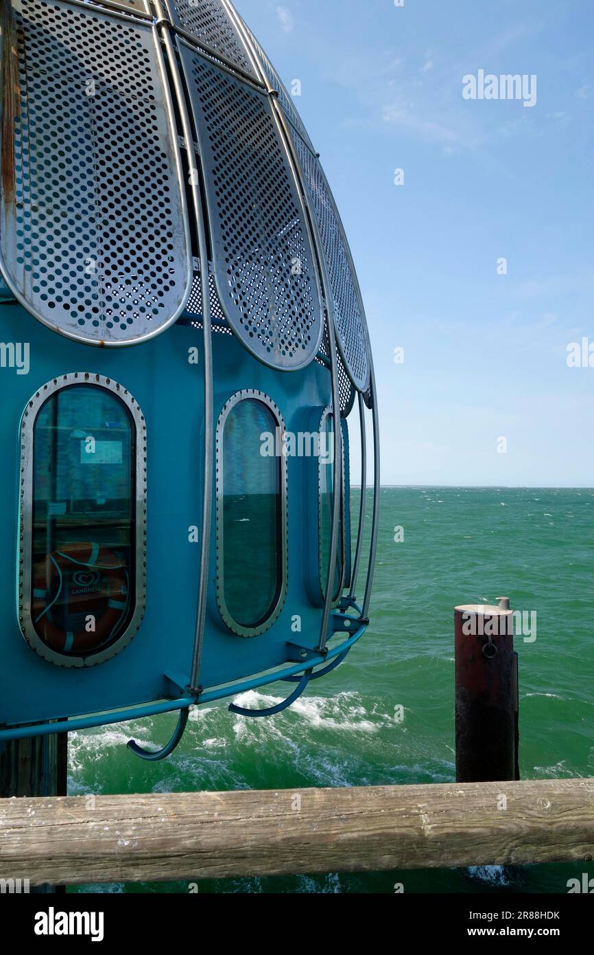 Diving gondola Zingst, at the end of the pier, railing, Baltic Sea ...