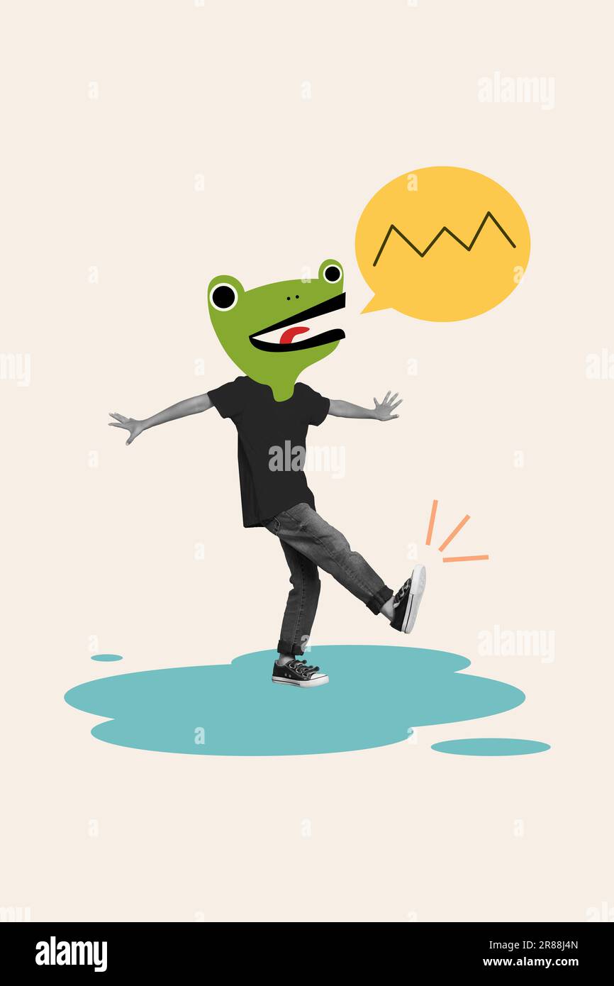 Photo collage picture of funky carefree small boy frog head walking ...