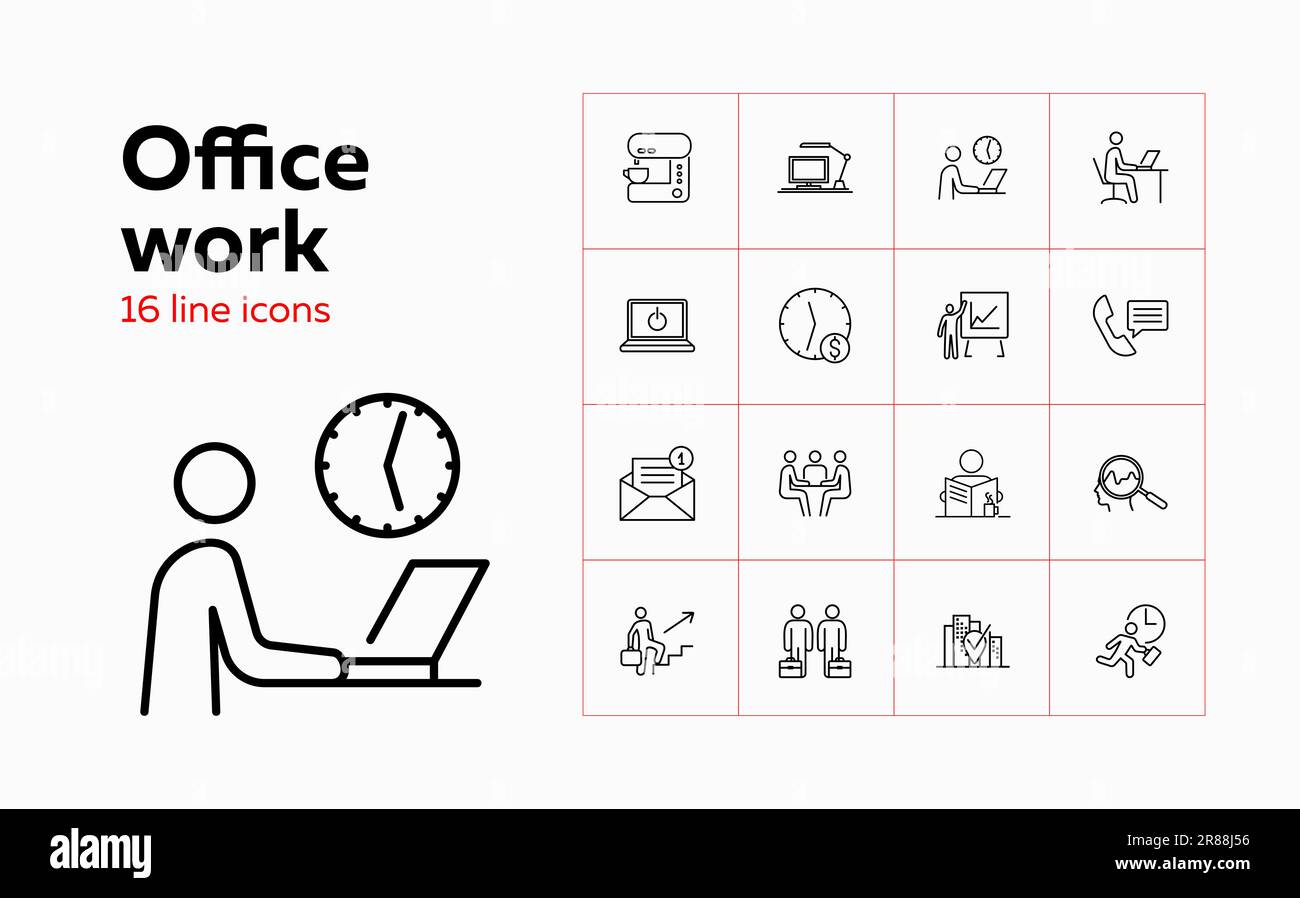 Office work icons. Set of line icons on white background. E-mail sign ...