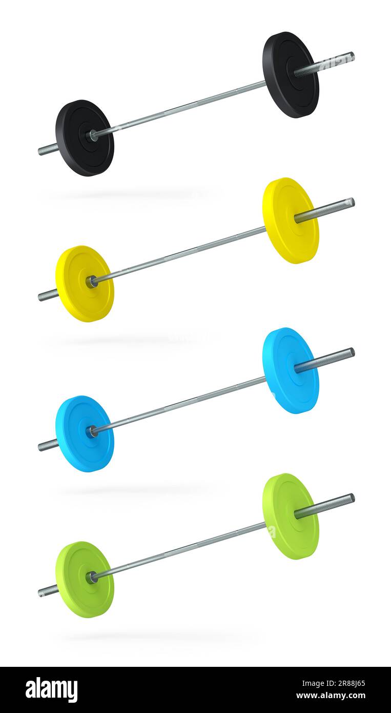 Set of metal barbell with rubber disks shaped handle isolated on white ...