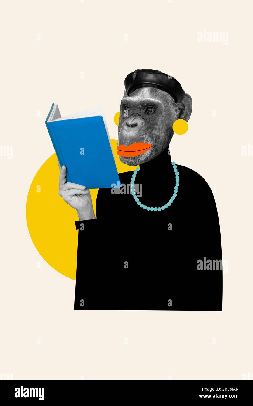 Photo collage picture of funky weird lady monkey head reading ...